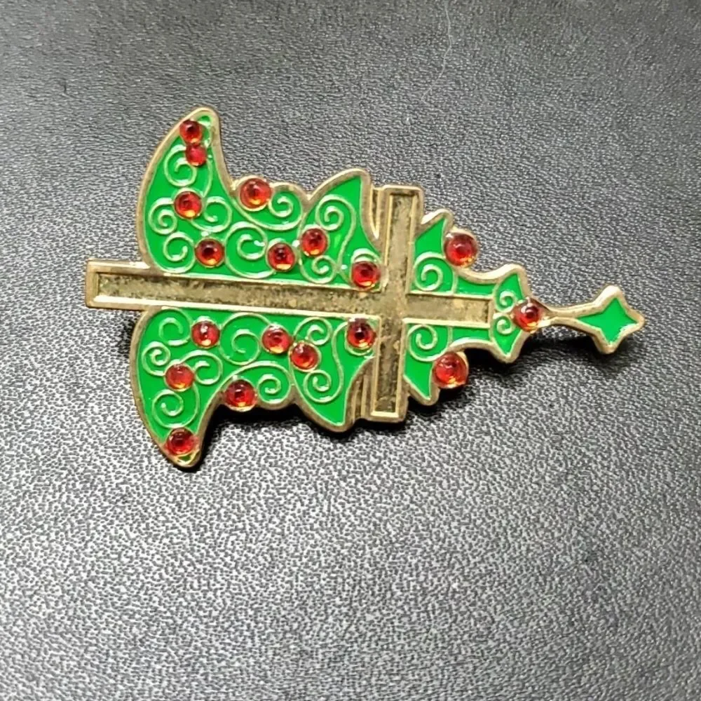 Unbranded | Jewelry | Vintage Gold Tone Holiday Tree Brooch Red Green ...